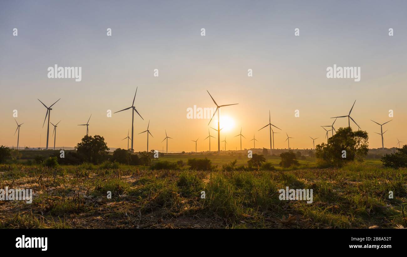Wind energy turbines in the midst of nature, gorge and trees in sunset ...