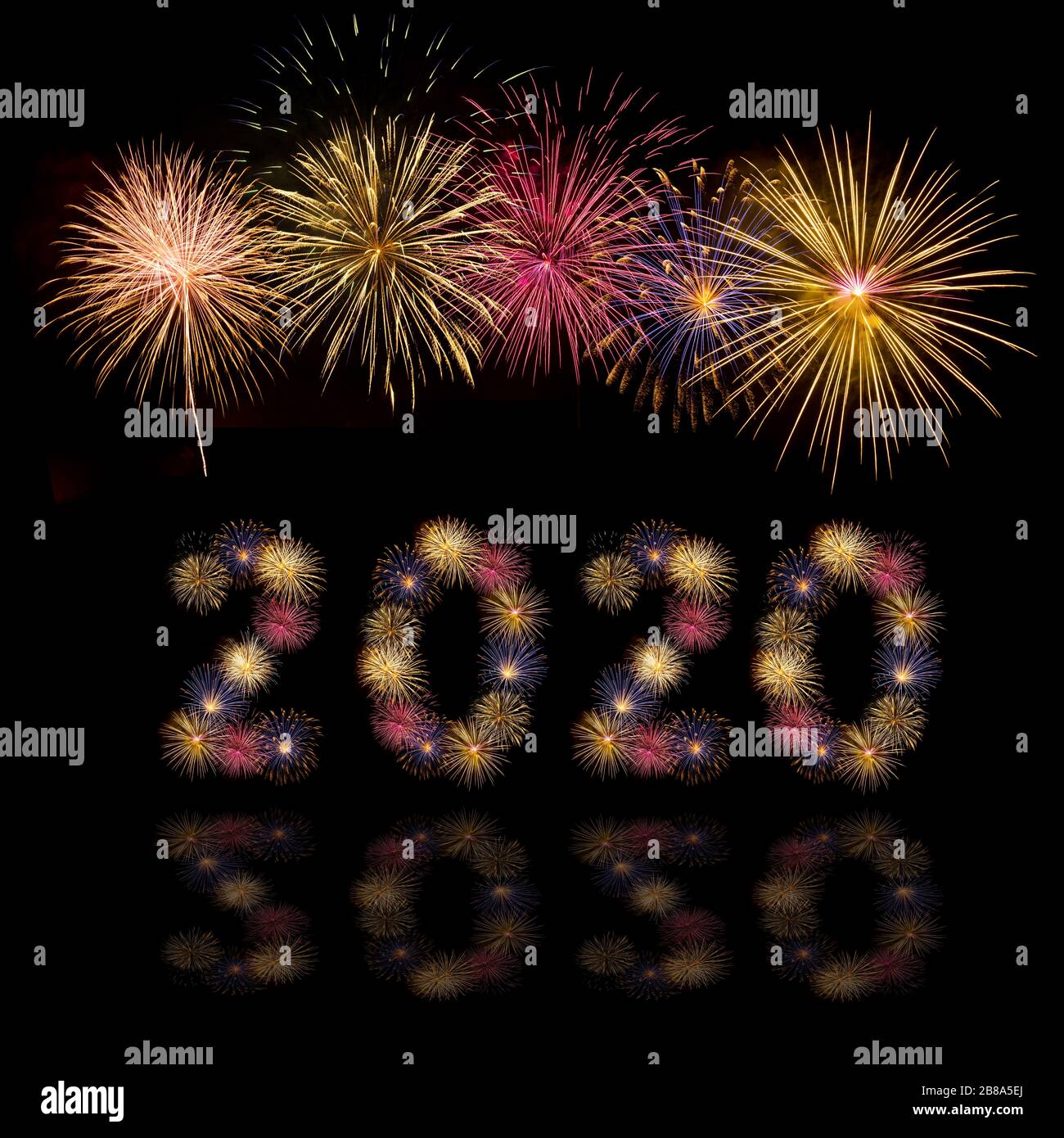 Happy New Year 2020 from many fireworks and fireworks on top with ...