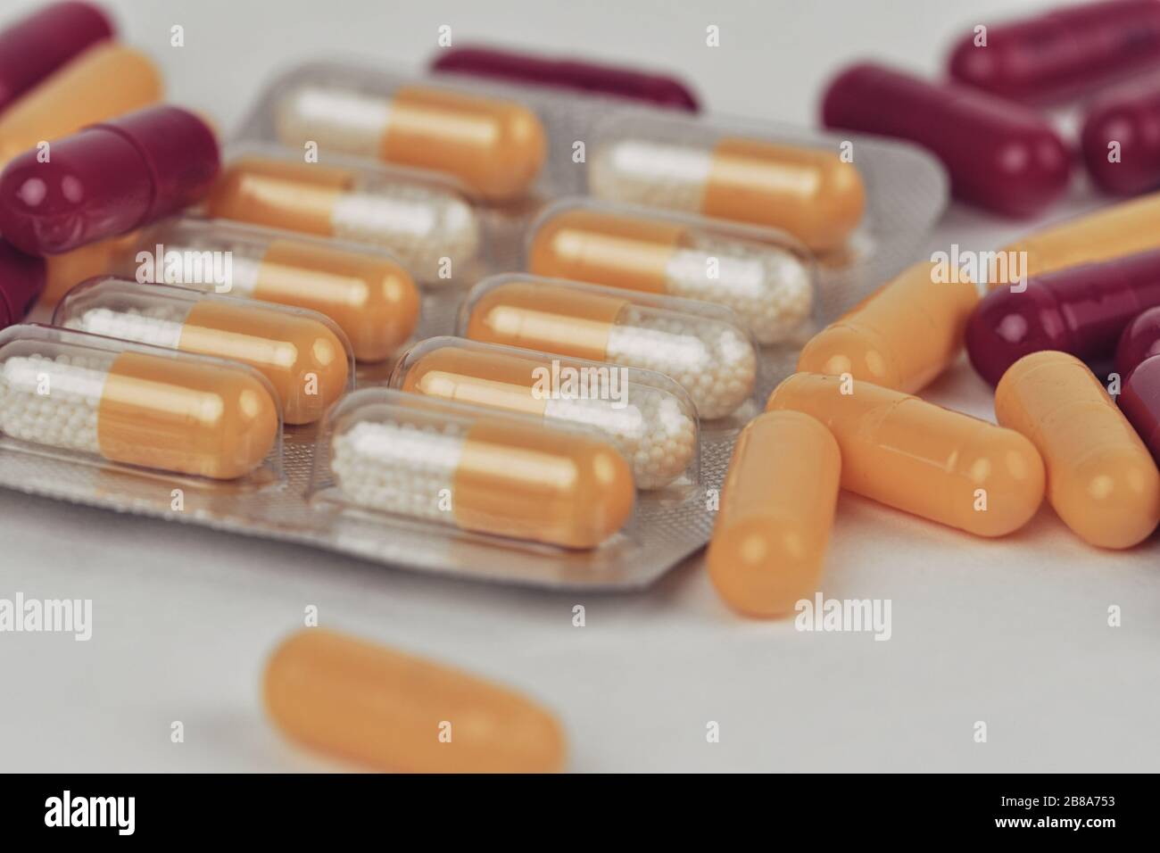Colorful of capsules pill in blister packaging arranged with flare ...