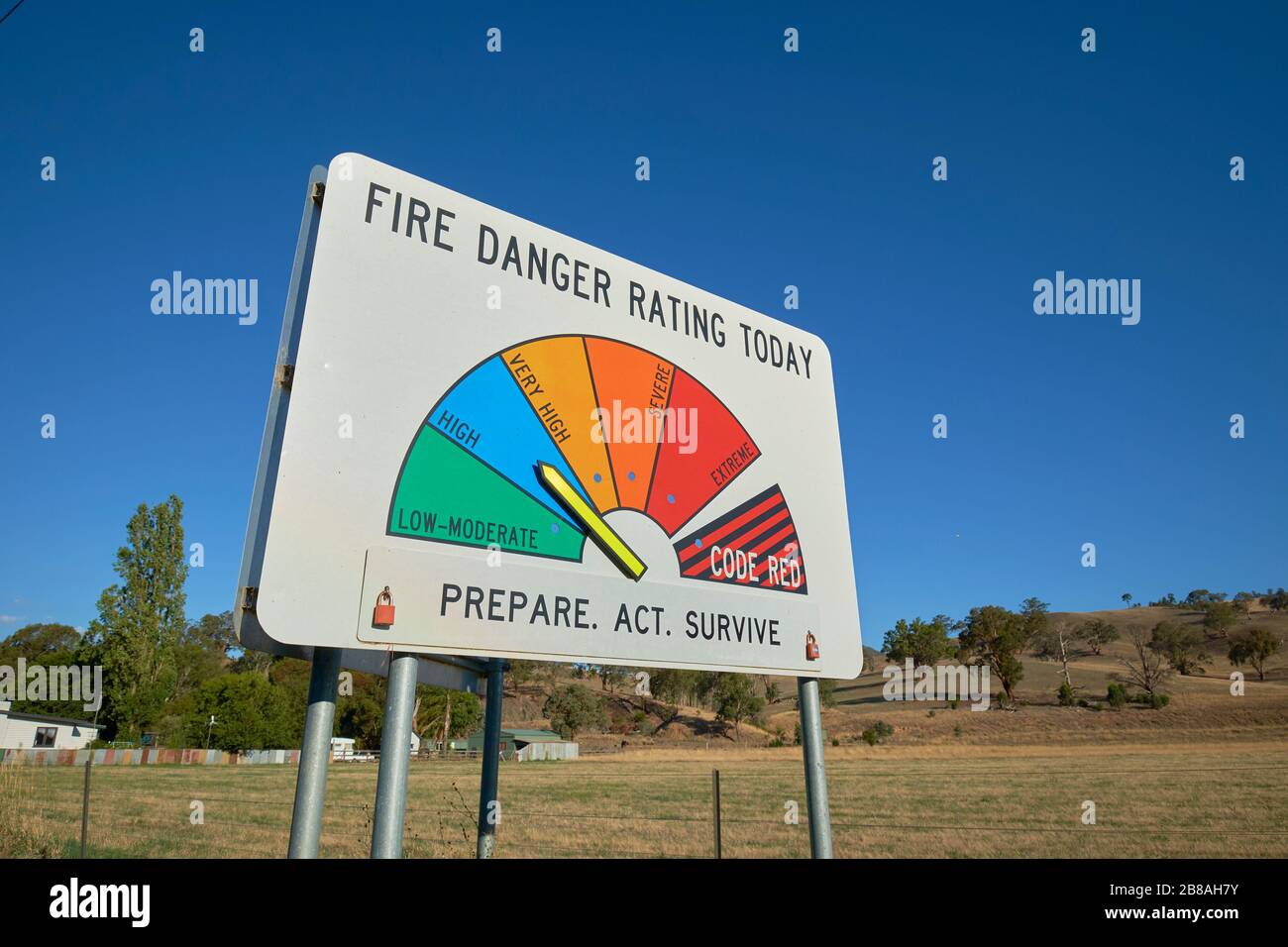 A roadside fire level warning dial sign, showing threat rating, range ...