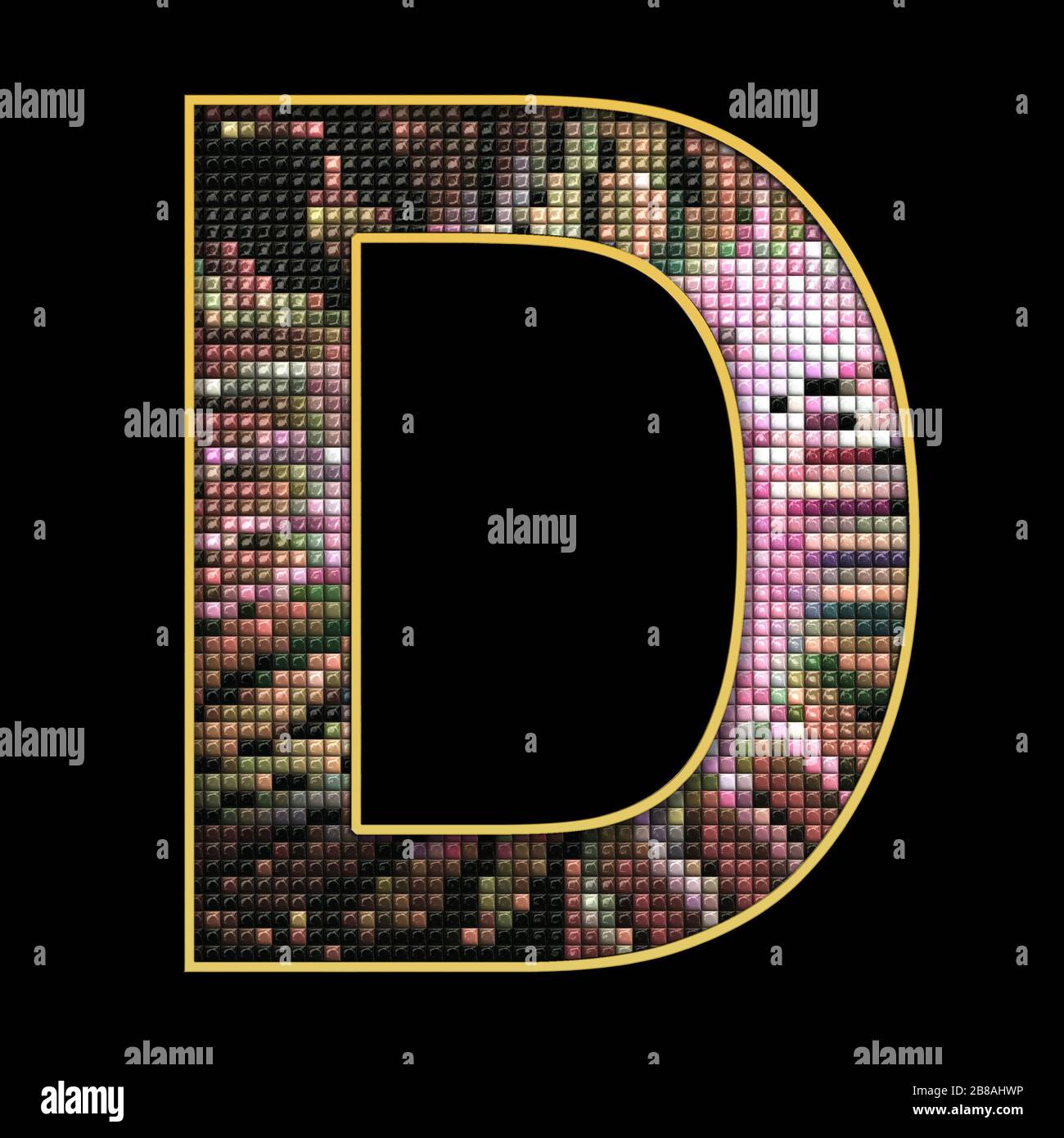 3D render of puff pixels alphabet capital letter with gold ...
