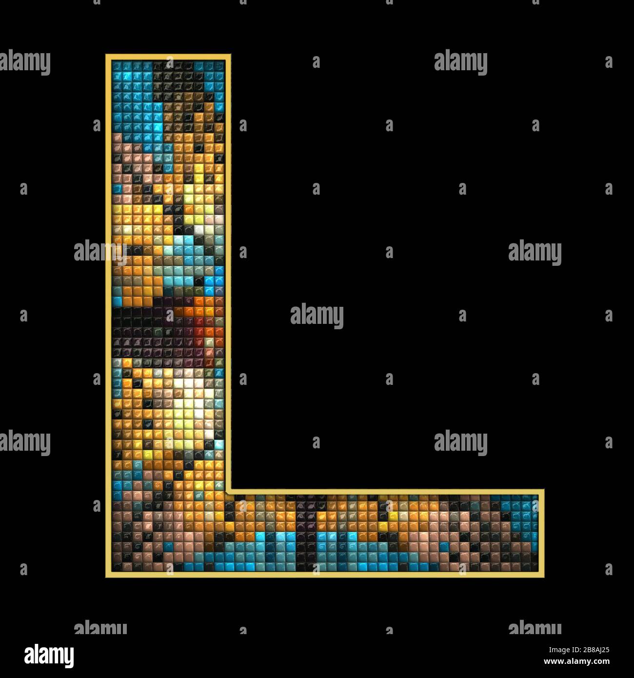 3D render of puff pixels alphabet capital letter with gold ...