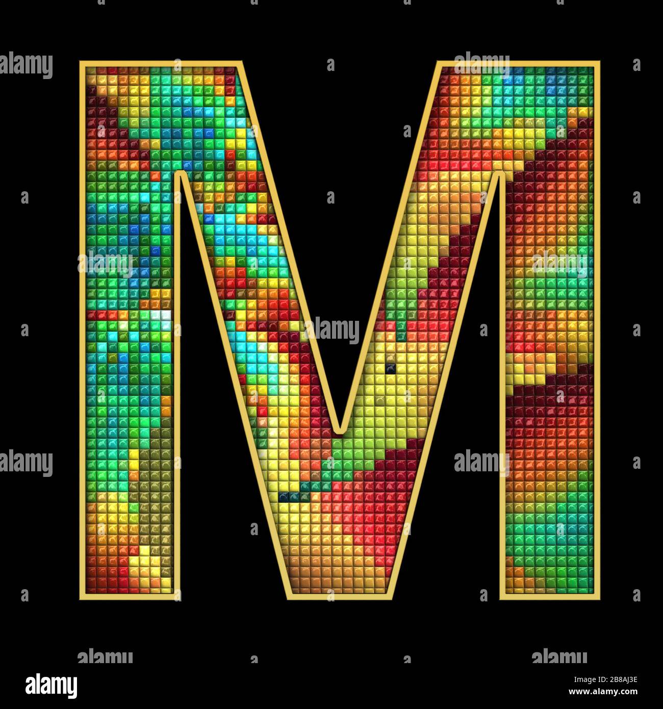 3D render of puff pixels alphabet capital letter with gold ...