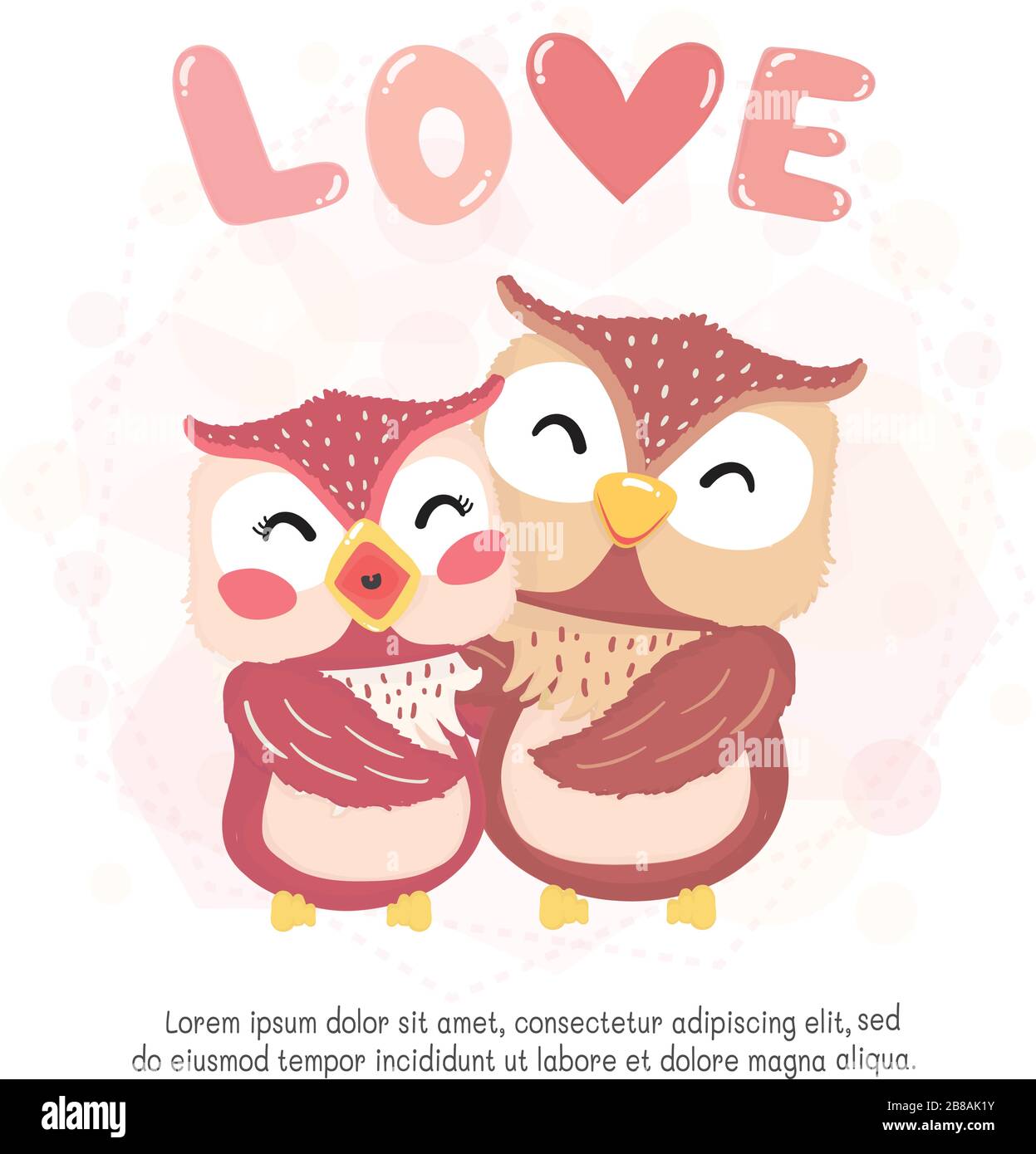 flat vector cute happy couple autumn owl smile, hug with love word ...