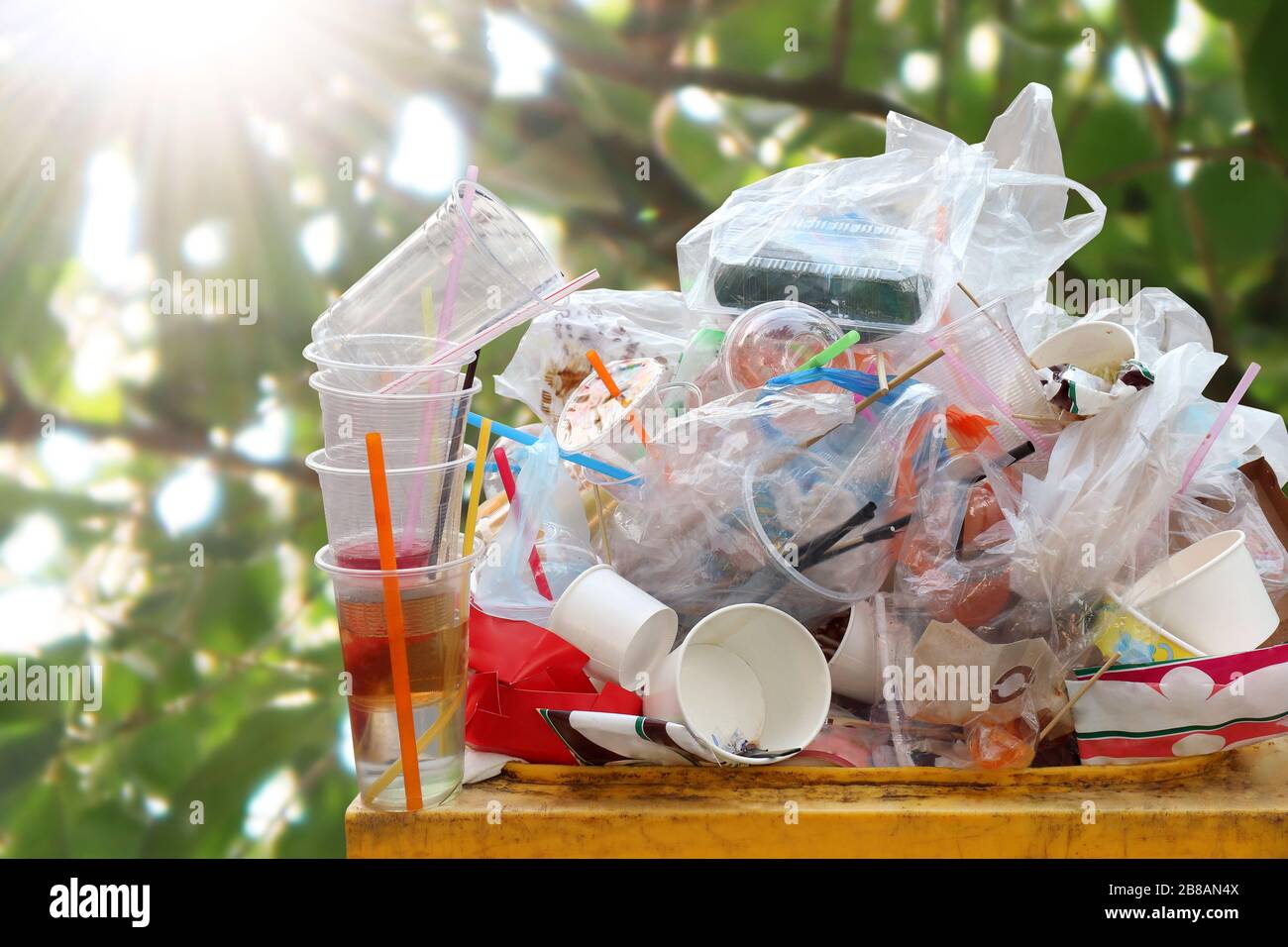 Waste plastic heap at bin, Trash full bin waste garbage, Plastic bag ...