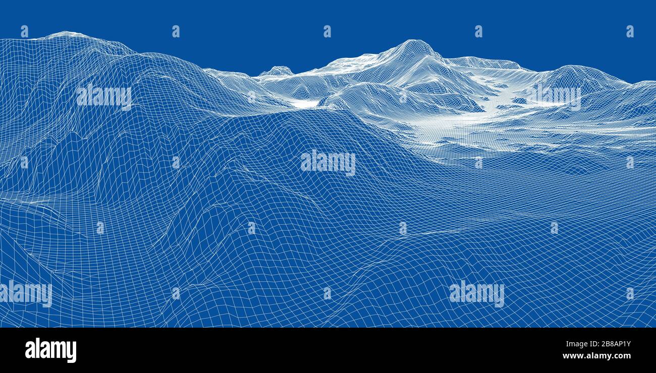 Abstract 3d wire-frame landscape. Blueprint style. Vector rendering ...