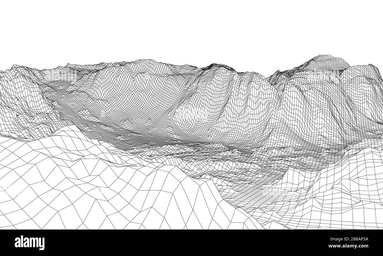 Abstract 3d wire-frame landscape. Blueprint style. Vector rendering ...