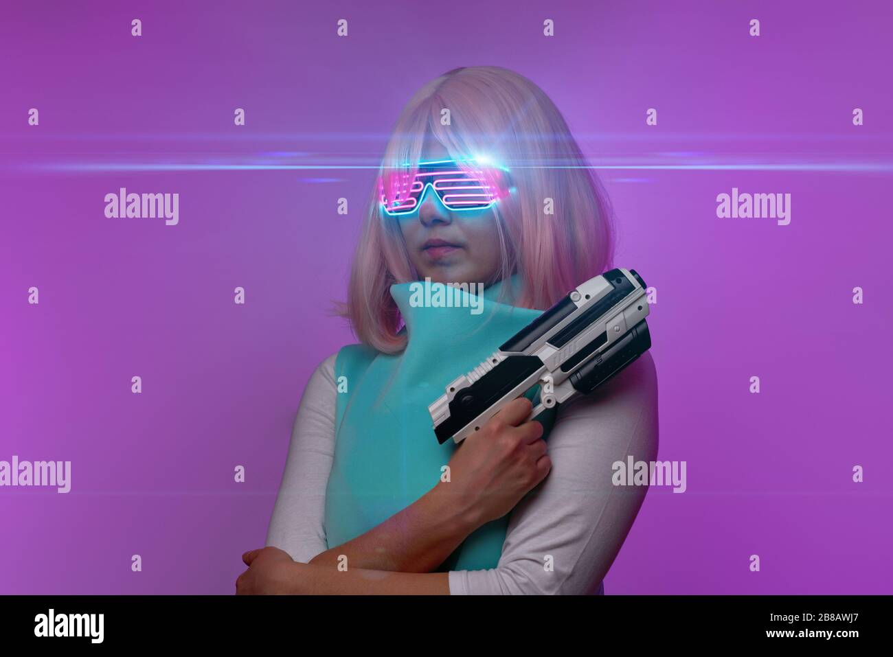 Girl with blaster in the futuristic battle. Concept virtual reality ...