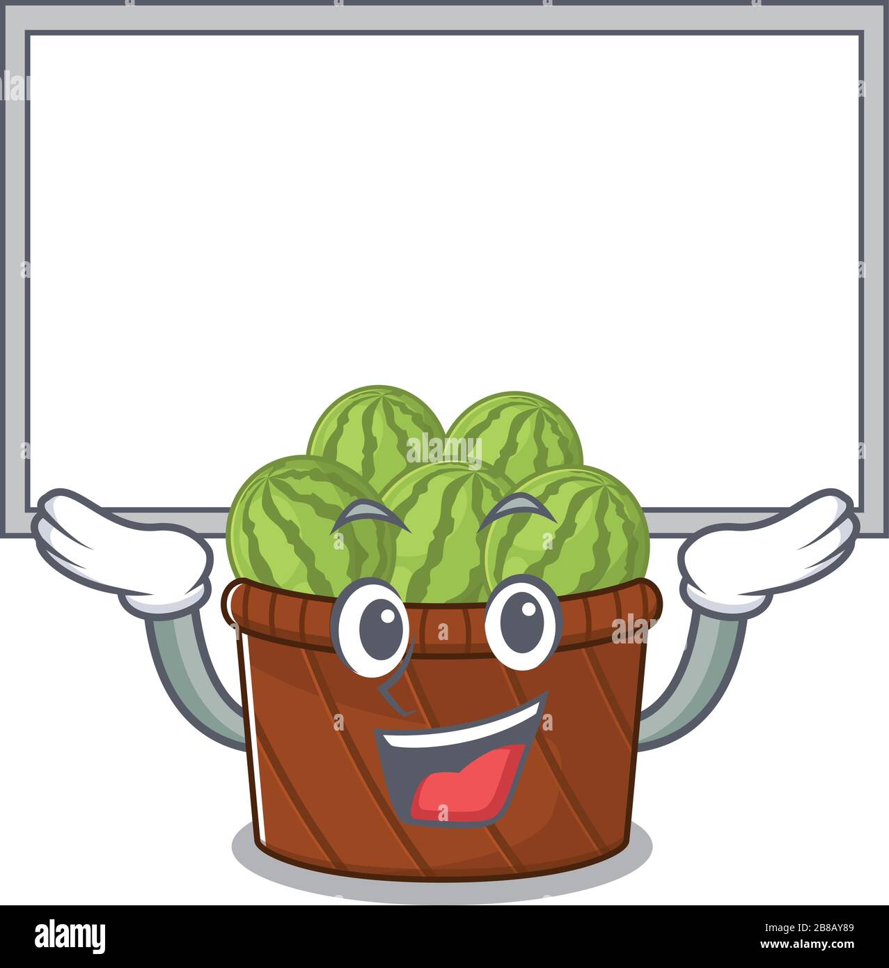 Happy cartoon character of watermelon fruit basket raised up board ...