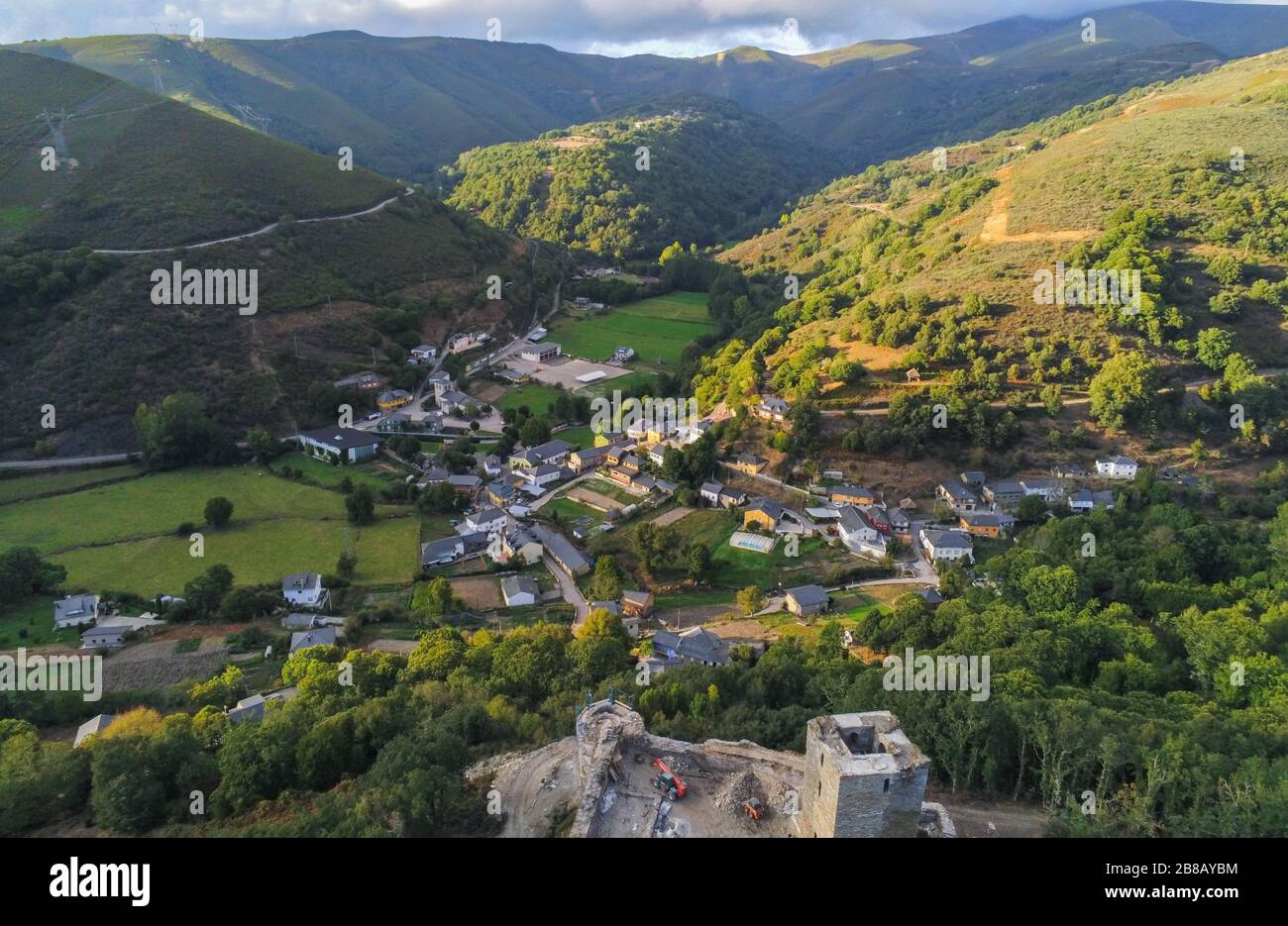 Aerial shot of buildings of houses in Balboa, Leon, Spain surrounded by ...