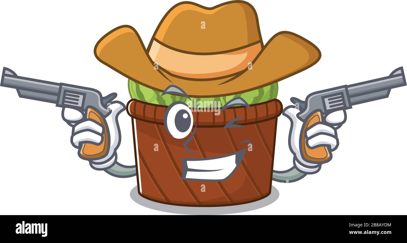 Funny watermelon fruit basket as a cowboy cartoon character holding ...
