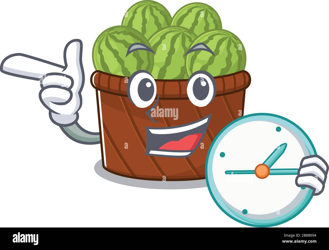 Cheerful watermelon fruit basket cartoon character style with clock ...