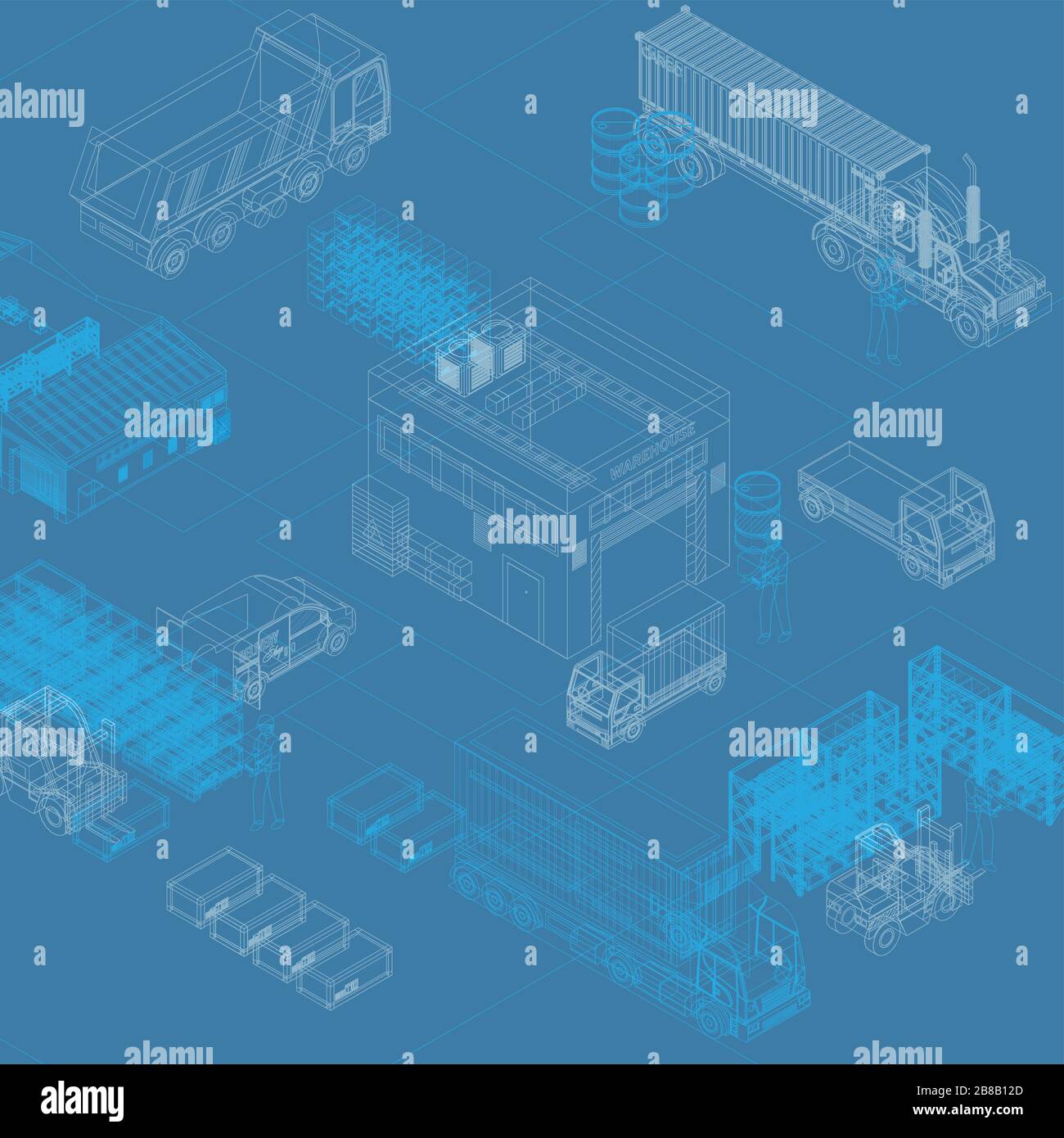 Simple draft design of various trucks and boxes with storage building ...