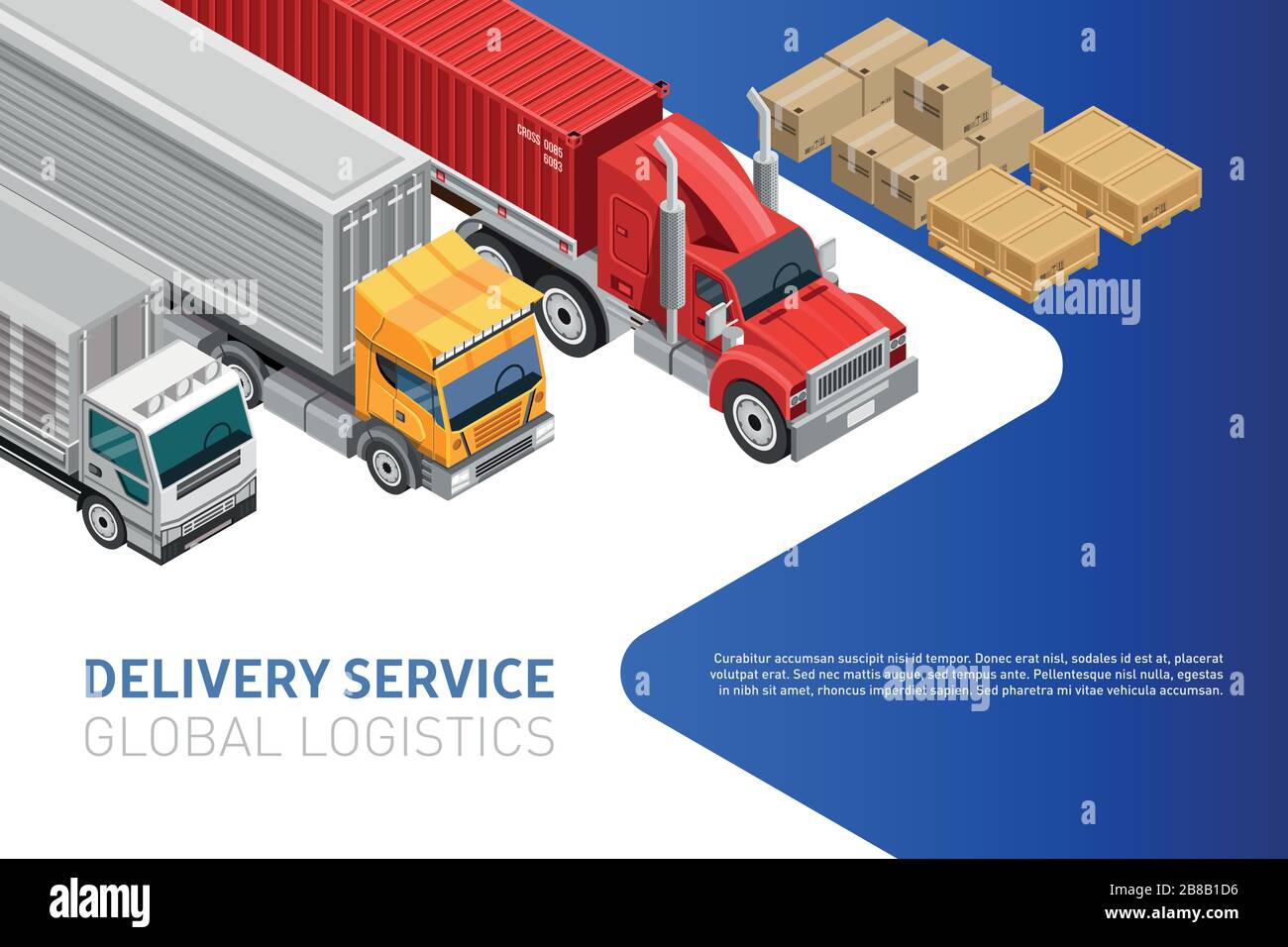 Contemporary isometric web design with various trucks and boxes showing ...