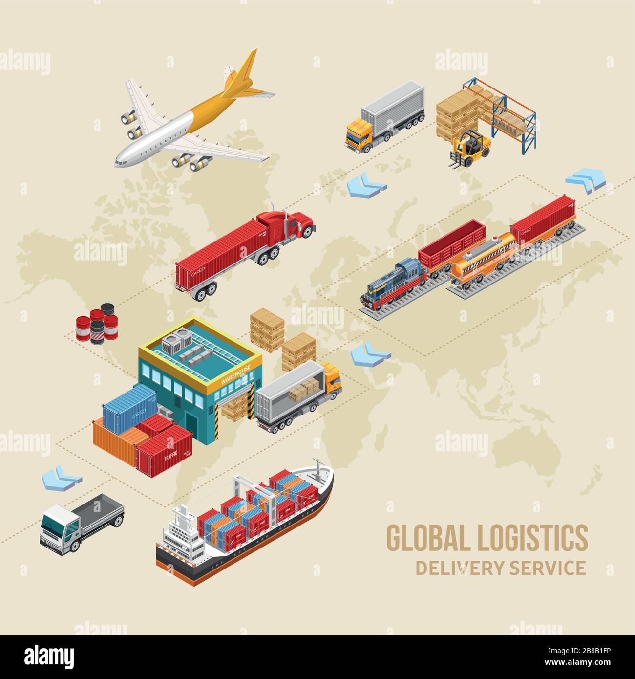 Arrows connecting various stages of land delivery service on world map ...