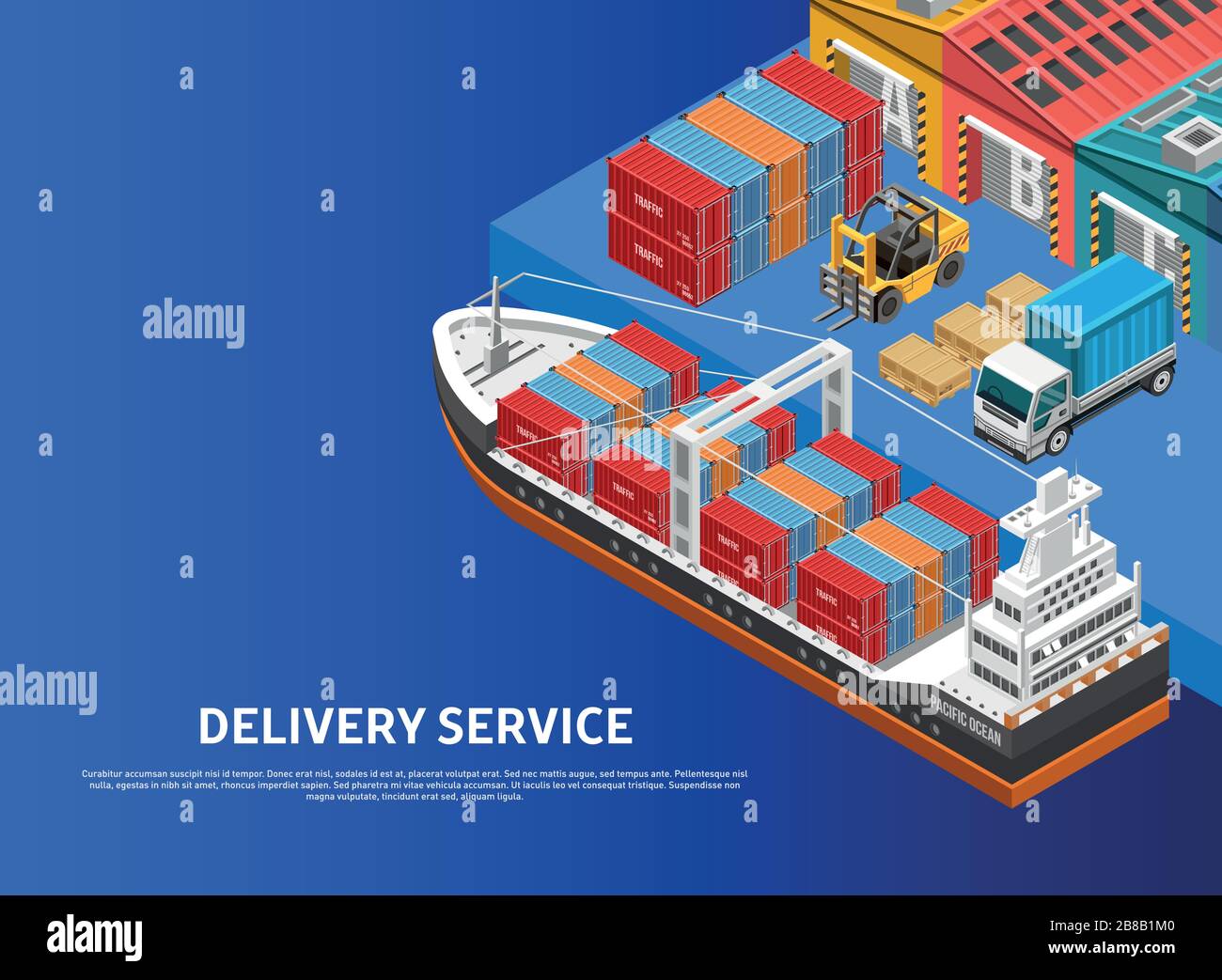 Heavy vehicles loading huge freight ship with containers in modern ...