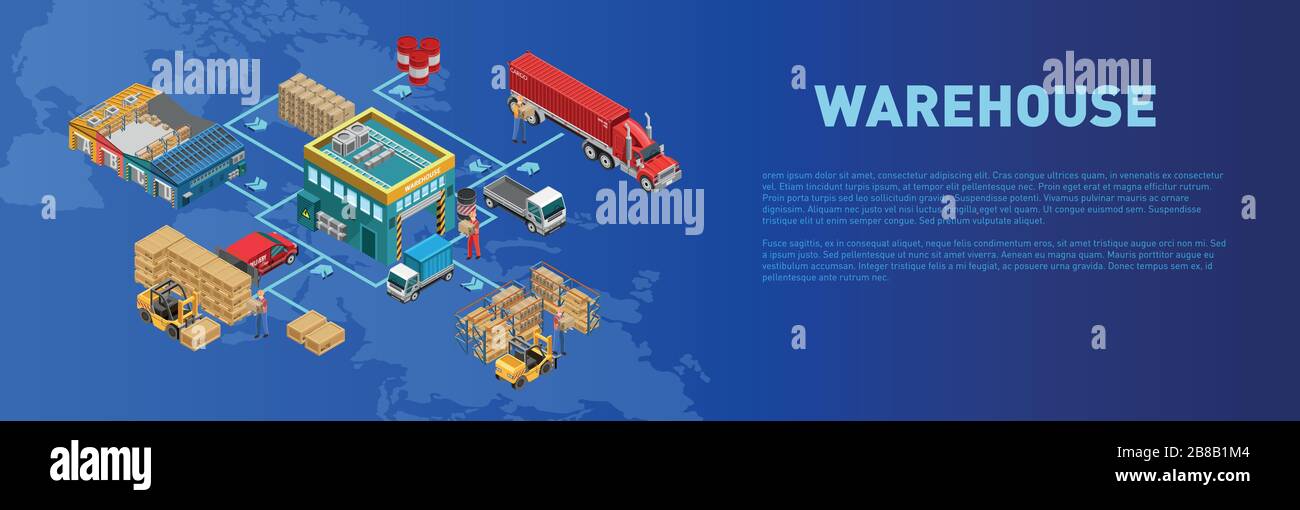 Description of warehouse work near isometric structure over world map ...