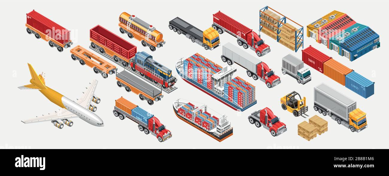 Isometric warehouse and logistics set with assorted types of freight ...
