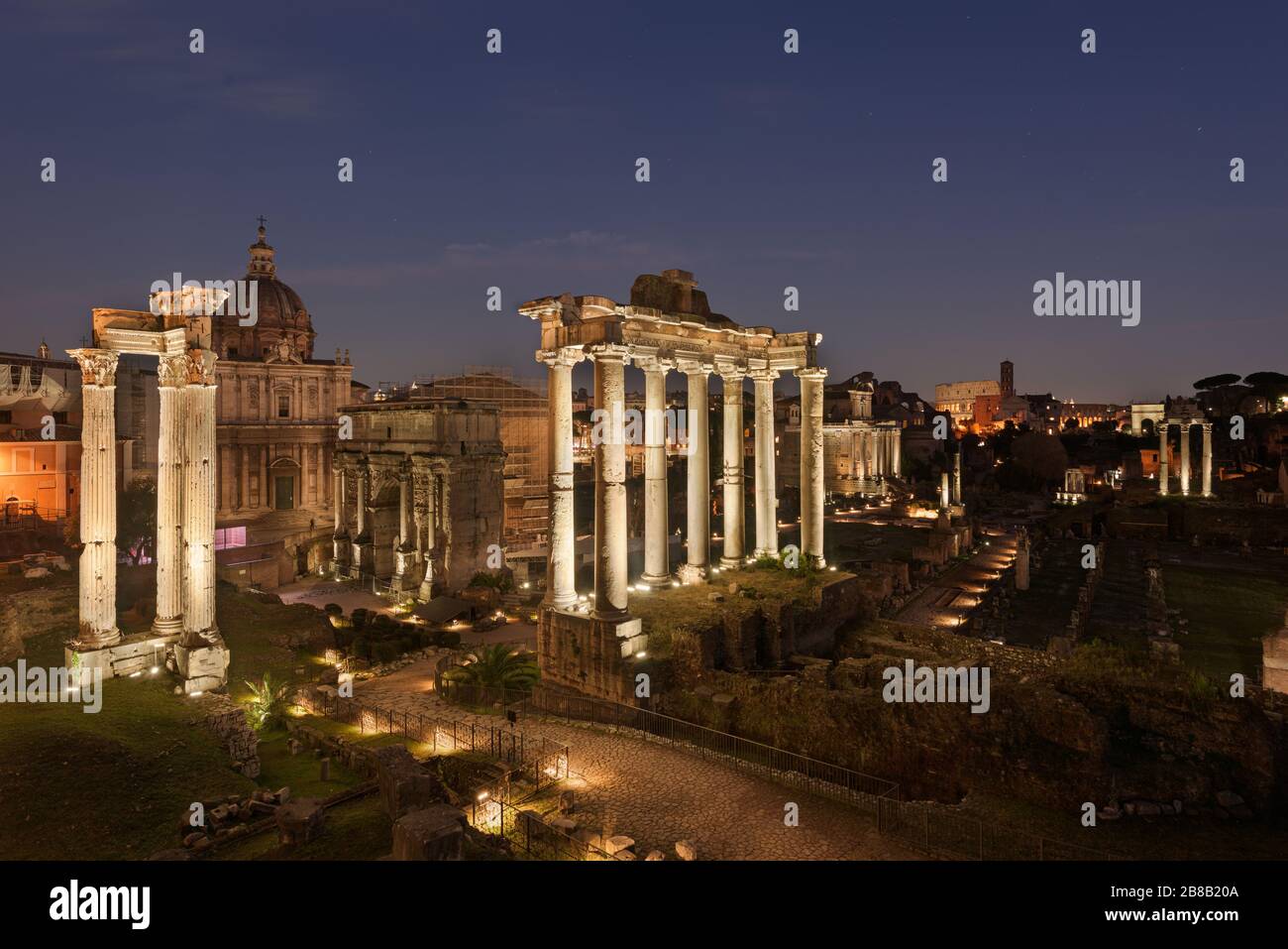 Cityscape of the Roman Forum ruins with the Arch of Severus, temple of ...