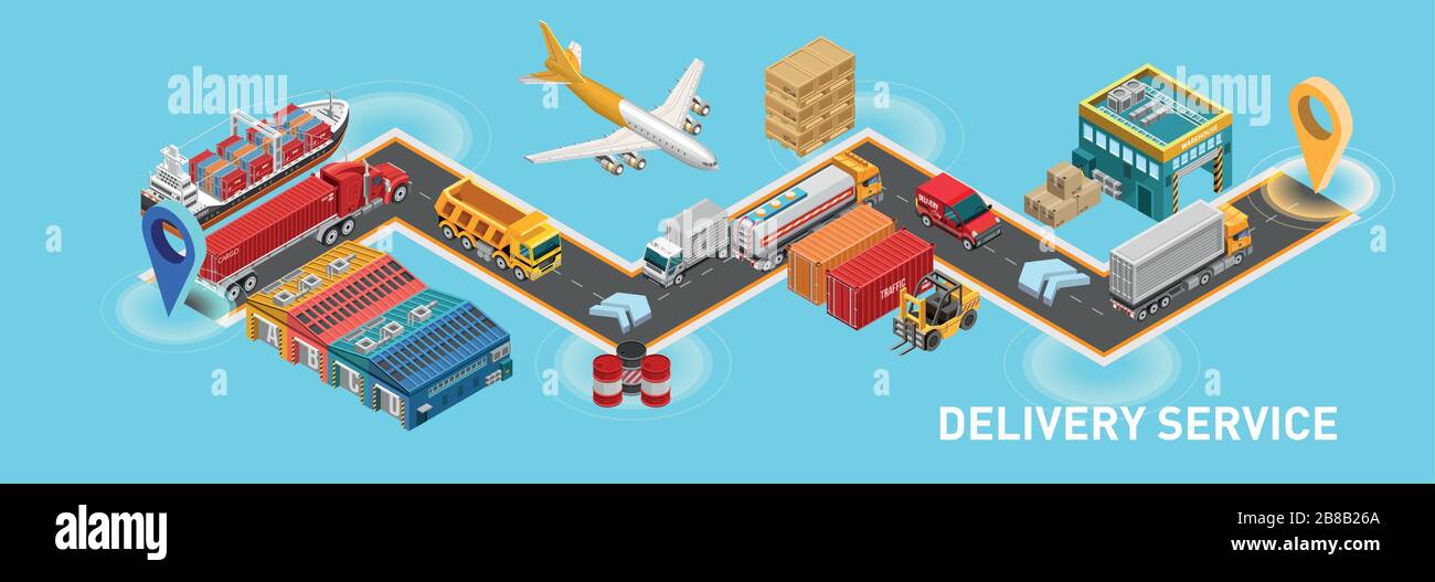 Creative vector map in isometry showing way of package from dispatch to ...
