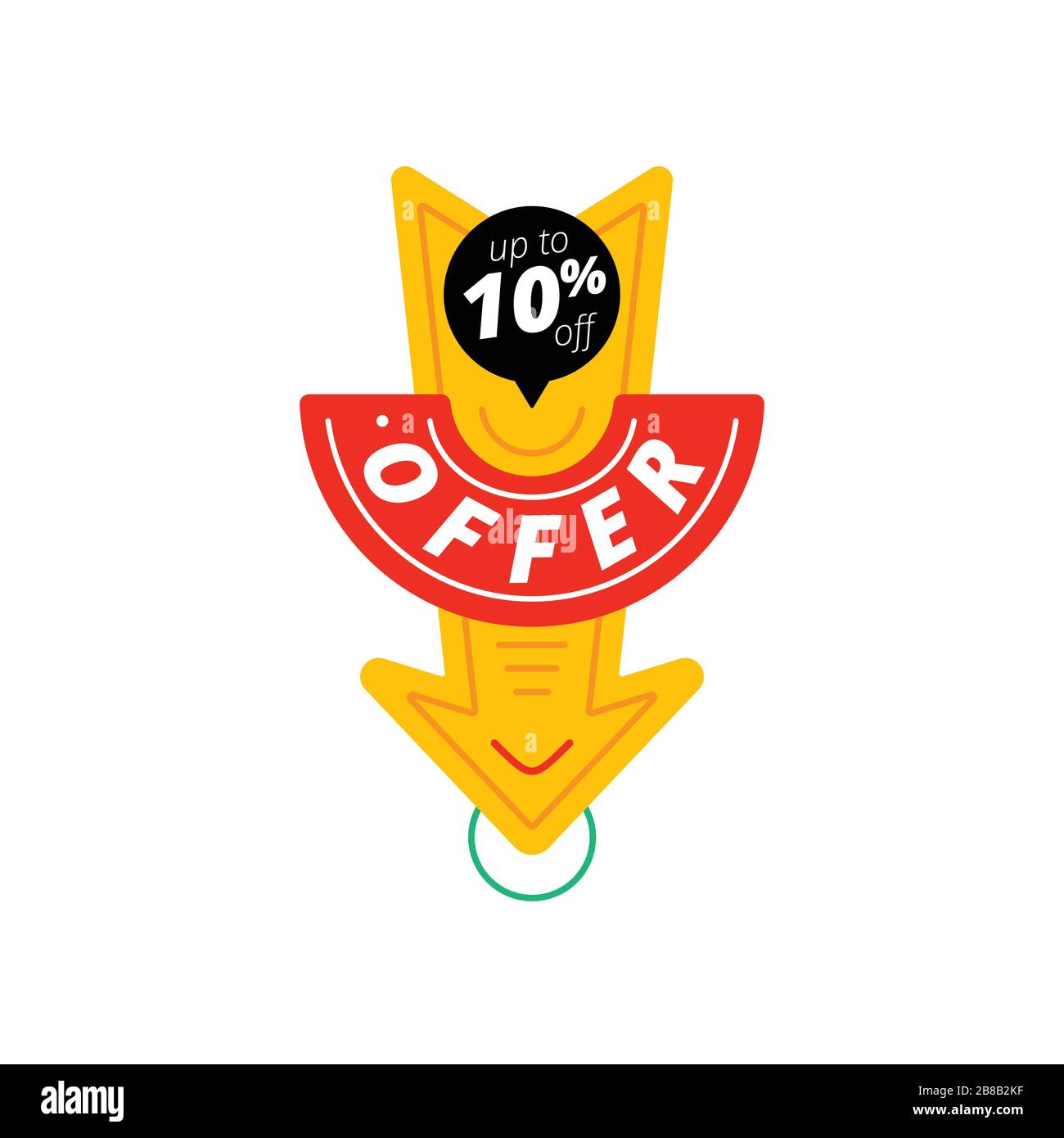 Yellow arrow with offer of 10% discount on purchases pointing down ...