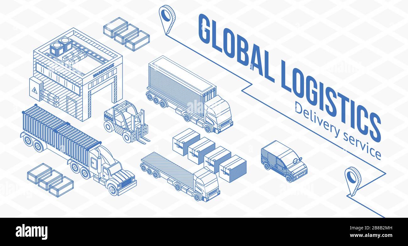 Creative isometric blueprint web design with icons for global logistics ...