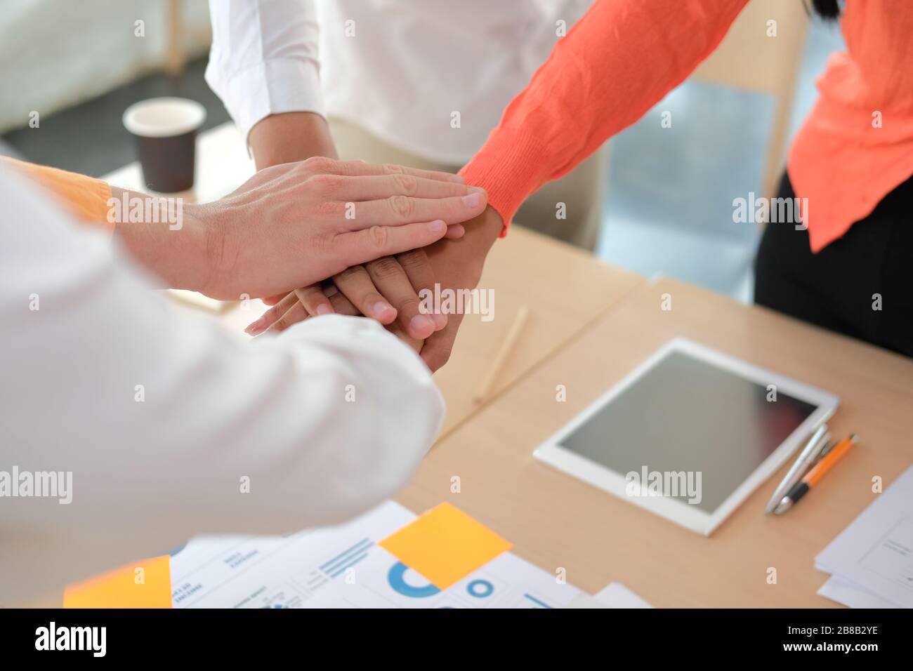 startup man woman joining united hand, business team touching hands ...