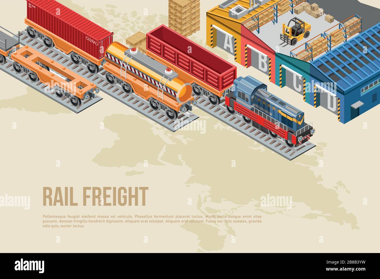 Modern banner for railway delivery system with trains on global map ...