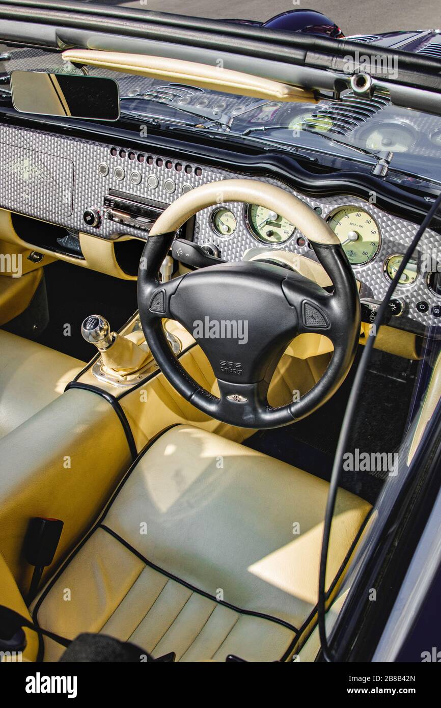 interior of a blue convertible morgan car Stock Photo - Alamy