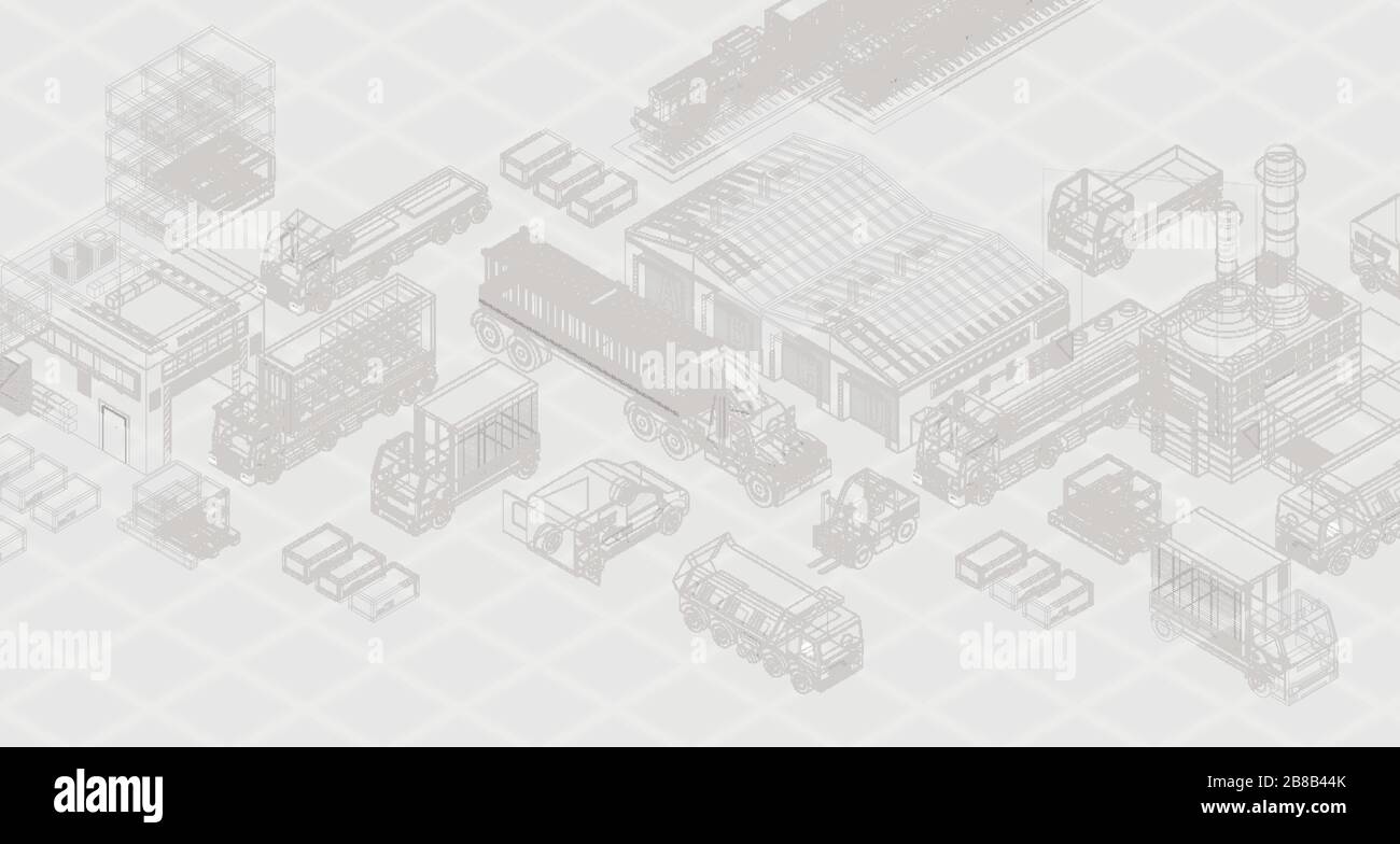 Elements of freight delivery and logistics on transparent blueprint ...