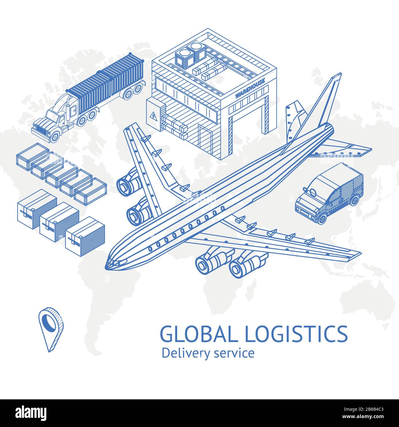Simple blueprint design of isometric icons and elements for delivery ...