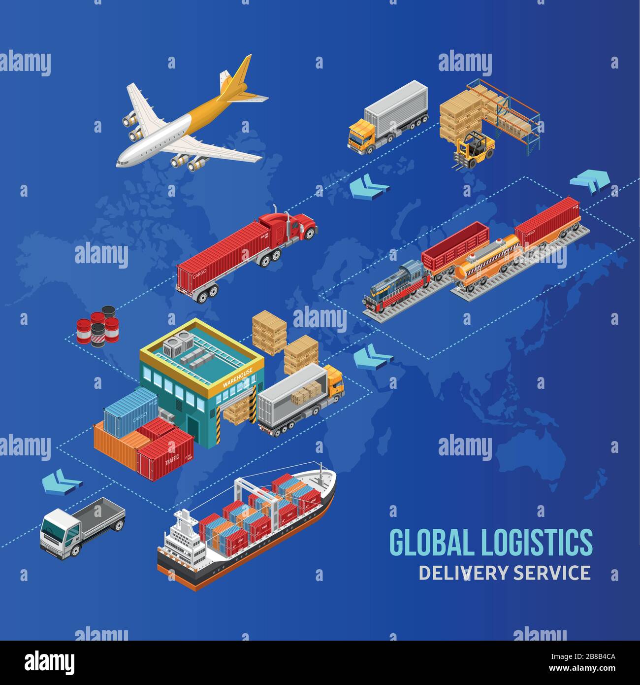 Lines and arrows connecting various freight vessels and vehicles with ...