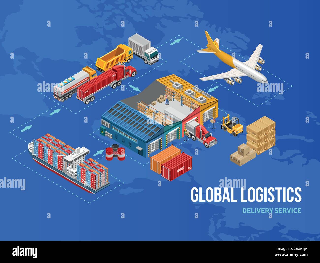 Simple isometric chart of global logistic and delivery service depicted ...