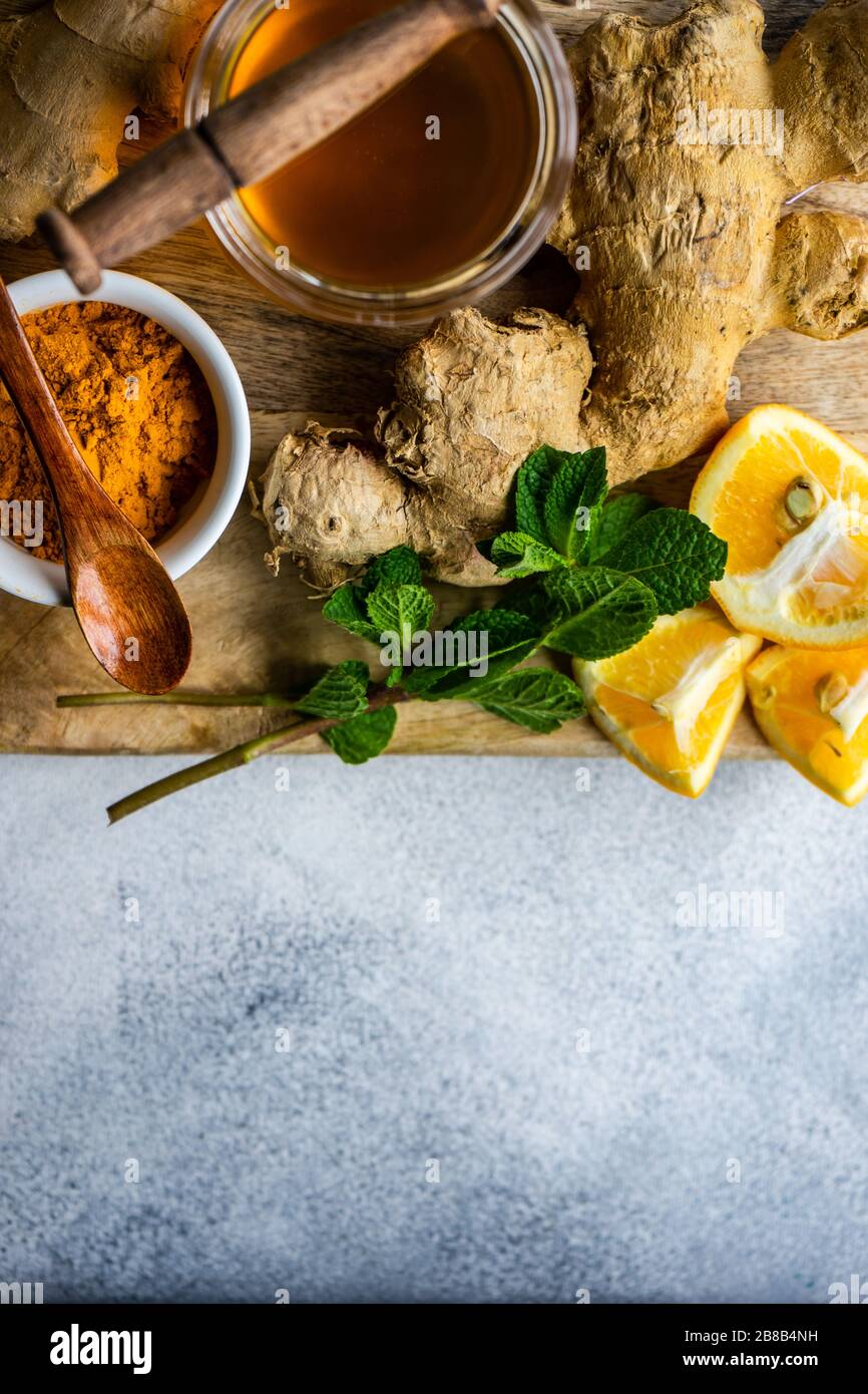 Ingredients for energy drink helping stay healthy with ginger, lemon ...