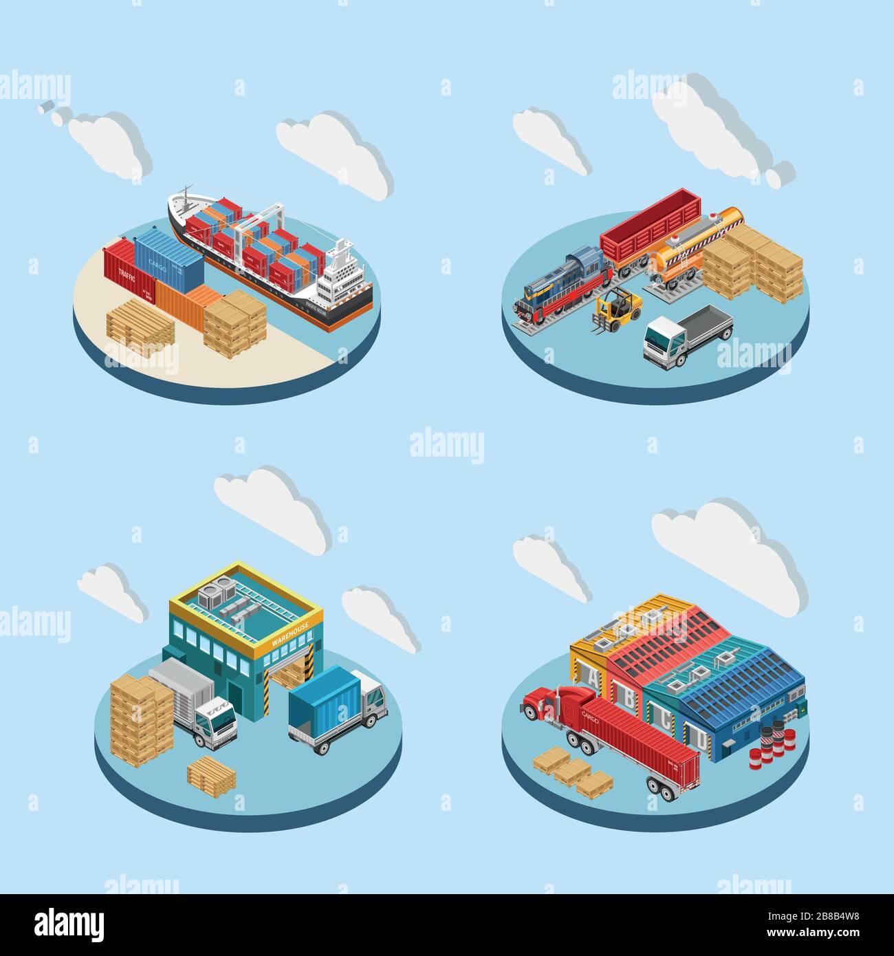 Isometric vector illustrations of white clouds over various freight ...