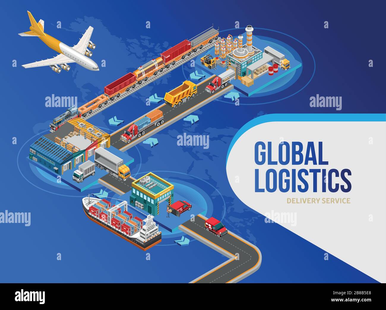 Aircraft flying near isometric structure of global logistics depicted ...