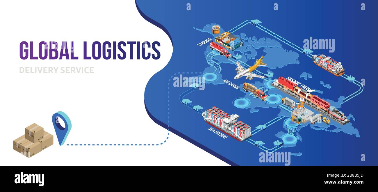 Dots connecting isometric structure of global logistics on world map ...
