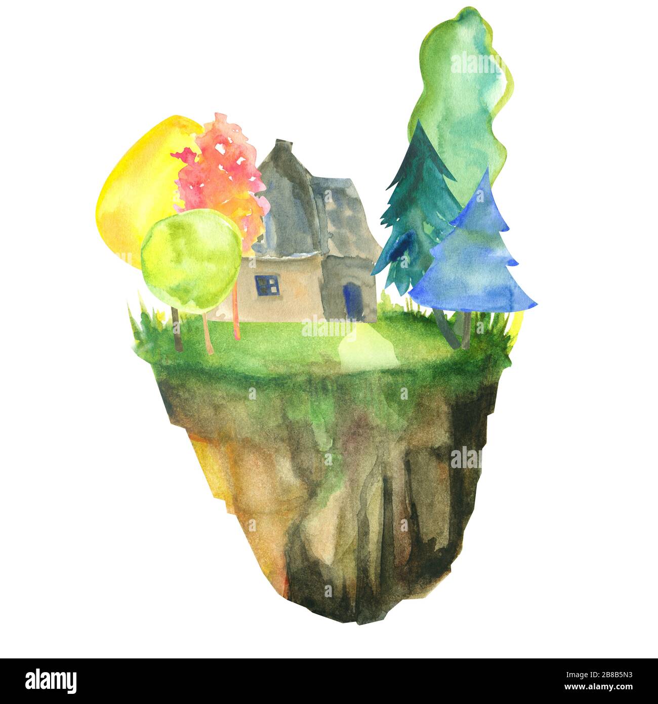 watercolor illustration of small land piece with house and forest ...