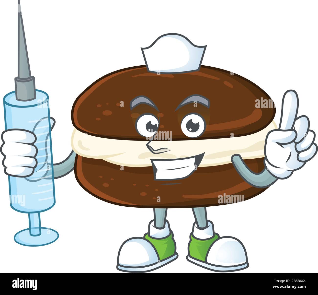 A pleasant nurse of whoopie pies mascot design style using syringe ...