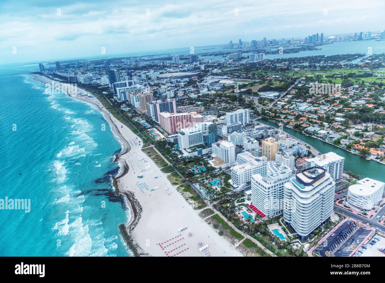 Aerial view of South Beach skyline in Miami at sunset, Florida Stock ...