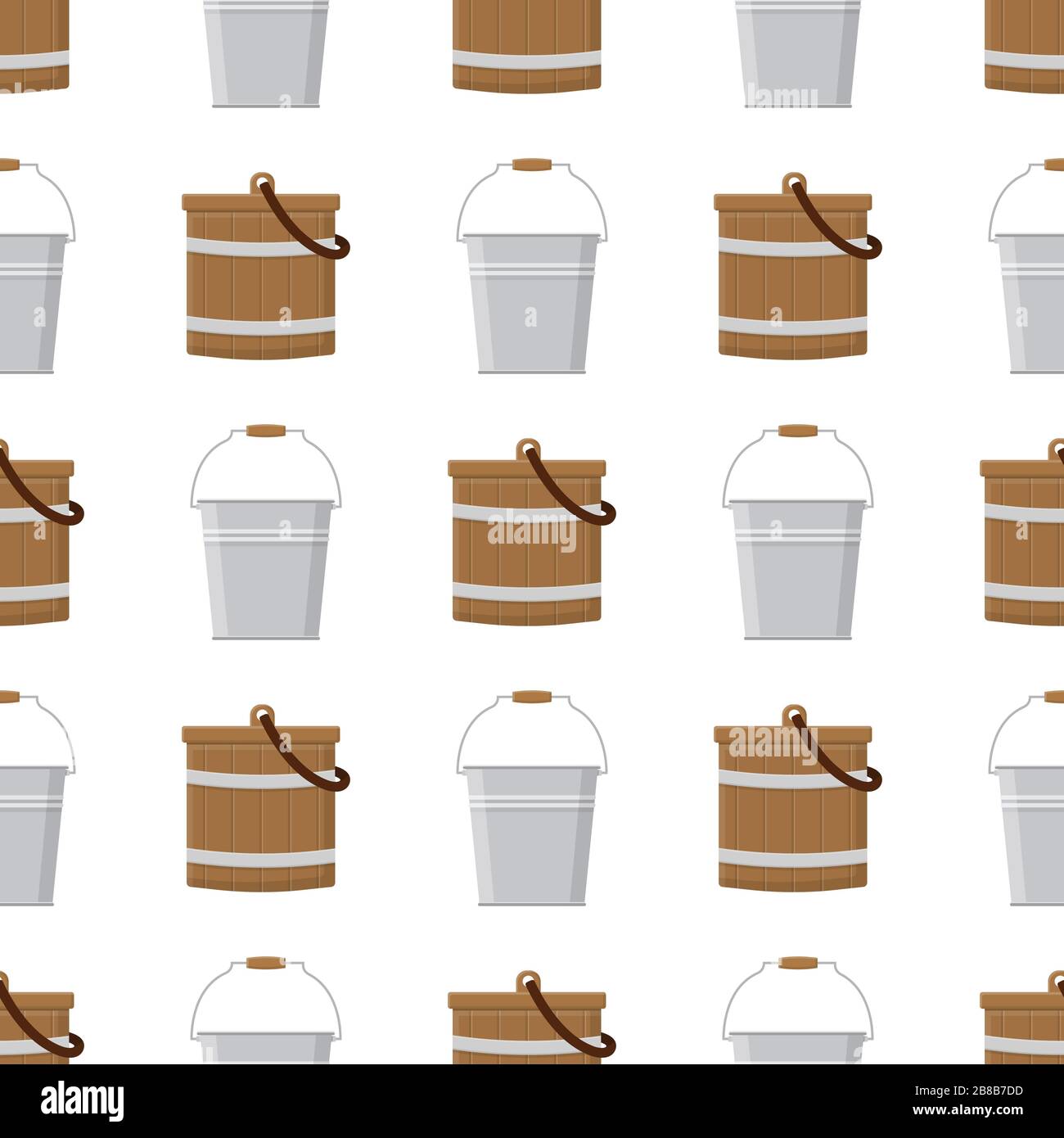 Seamless pattern with wooden and tin buckets empty or with water on ...