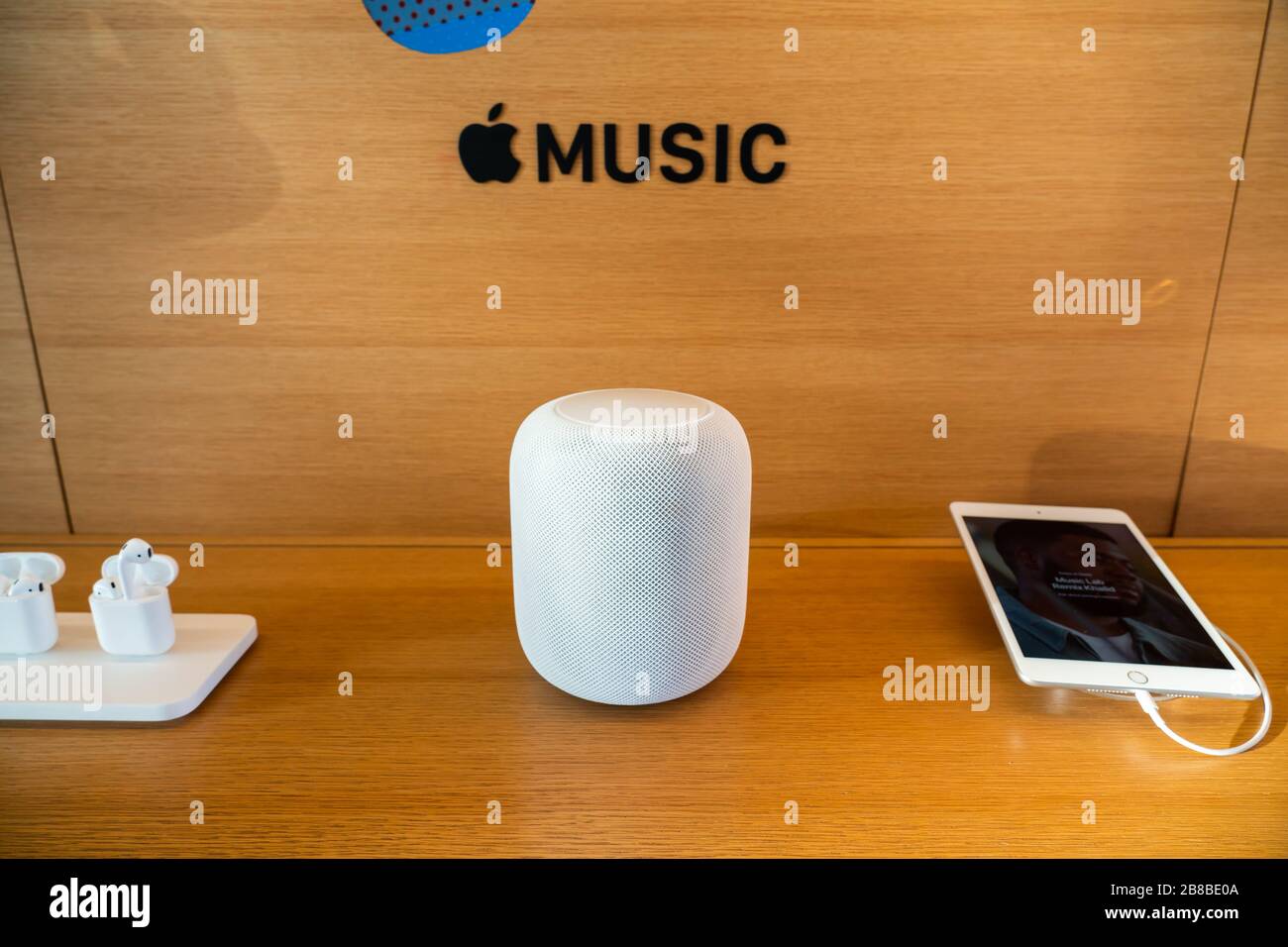 AirPods, HomePod and iPad products displayed at the Apple Park Visitor ...