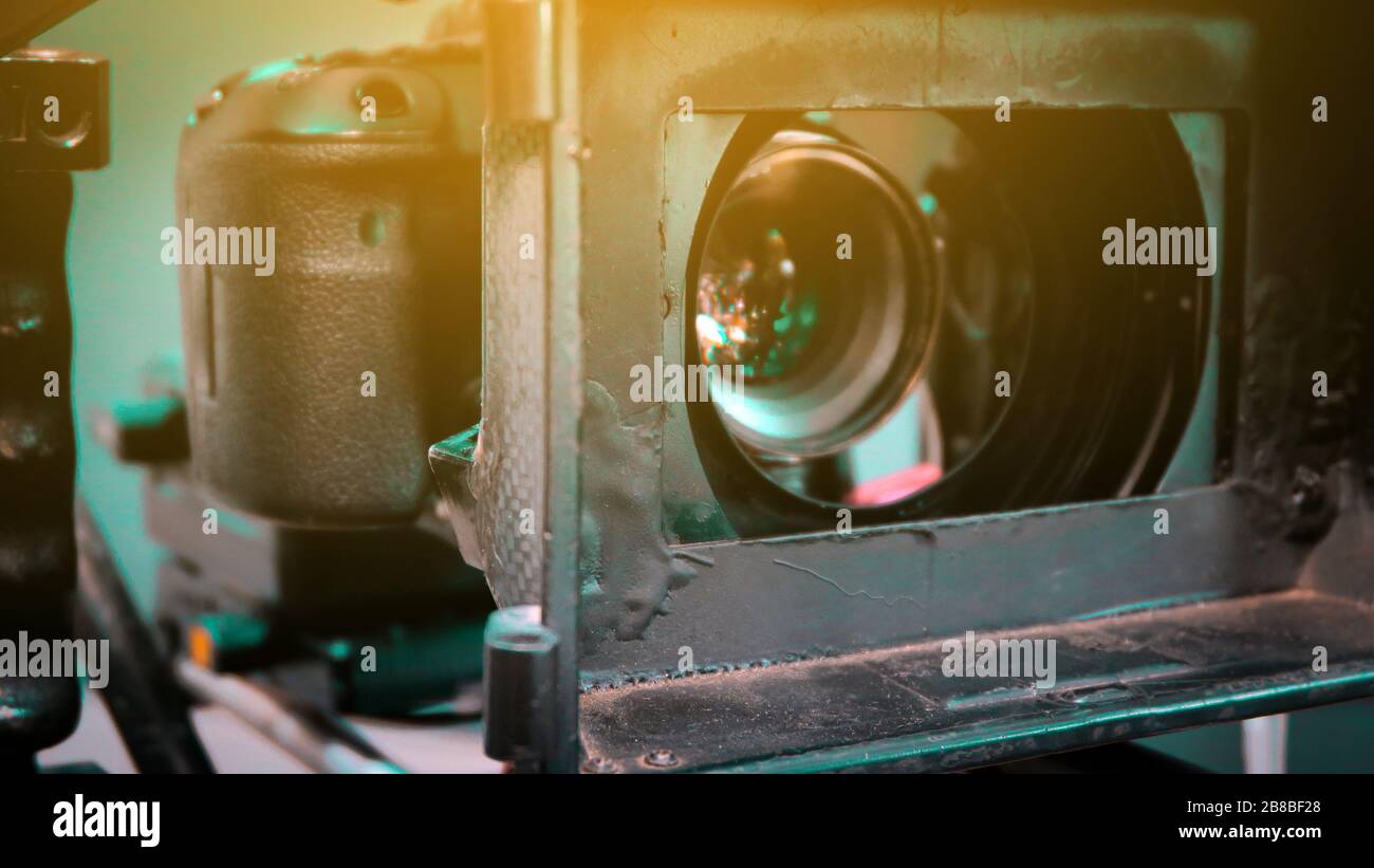 Film industry. Filming with professional camera background Stock Photo ...