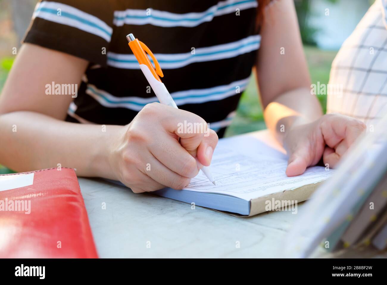 Close up female hands of accountant with calculator and pen. business ...