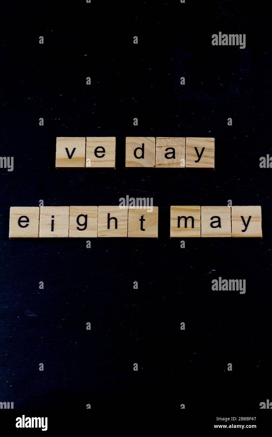 Children wood blocks lettering VE Day 2020 on black portrait Stock ...