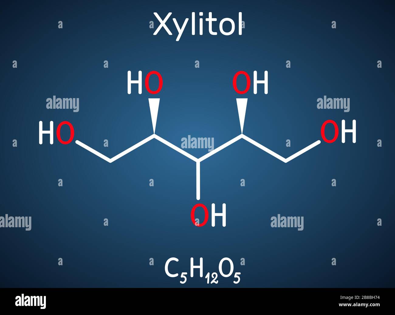 Xylitol, C5H12O5 molecule. It is polyalcohol and sugar alcohol, an alditol. Is used as food ...
