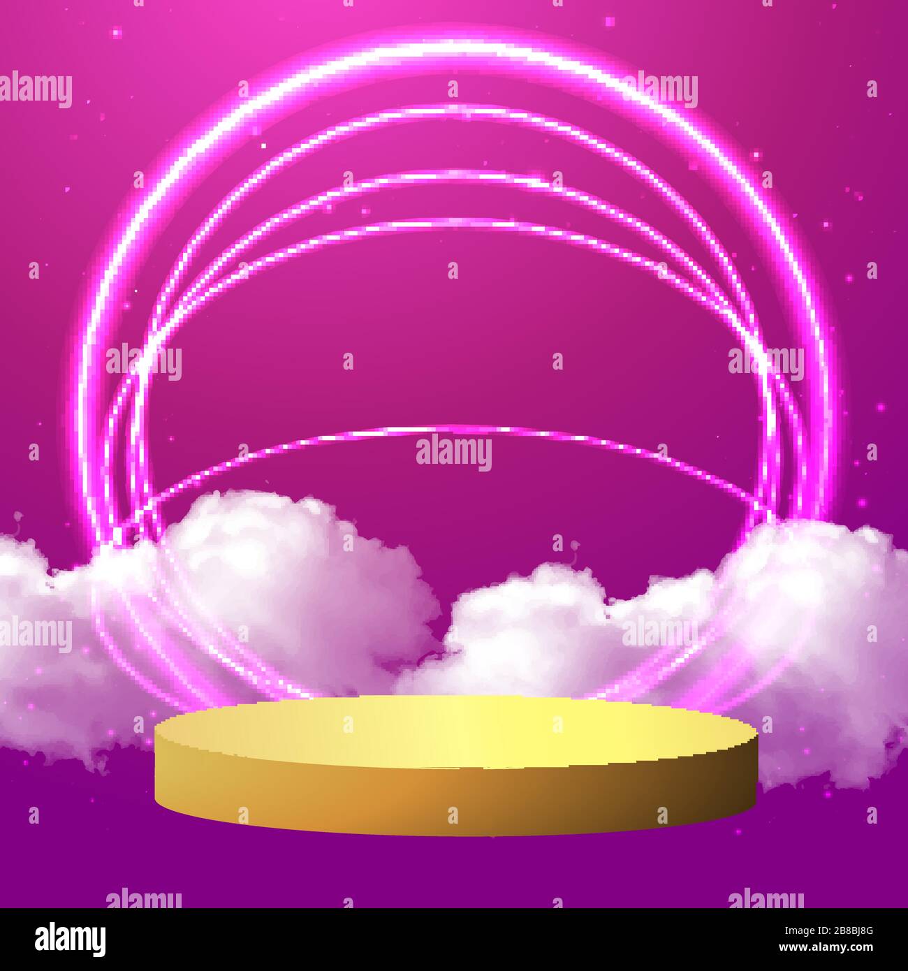 Metallic golden stage with floating geometrical forms and glow neon ...