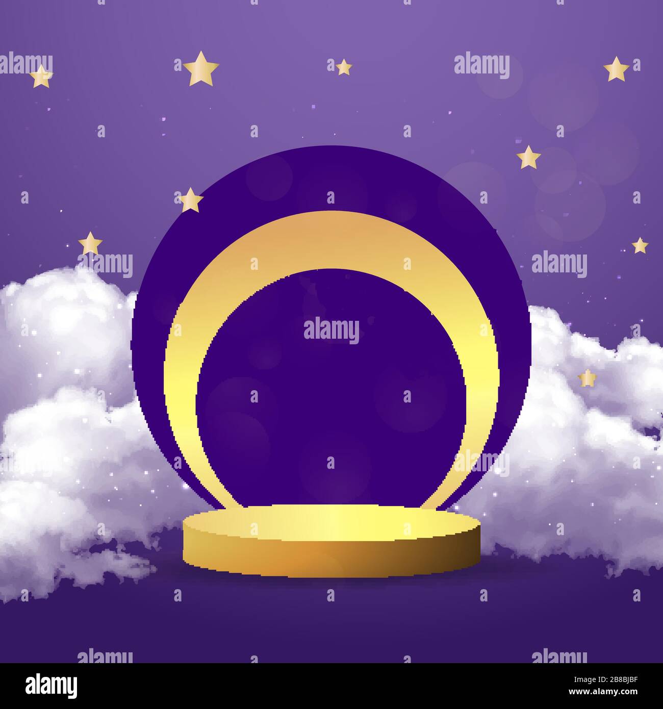 Metallic golden stage with floating geometrical forms and glow neon ...
