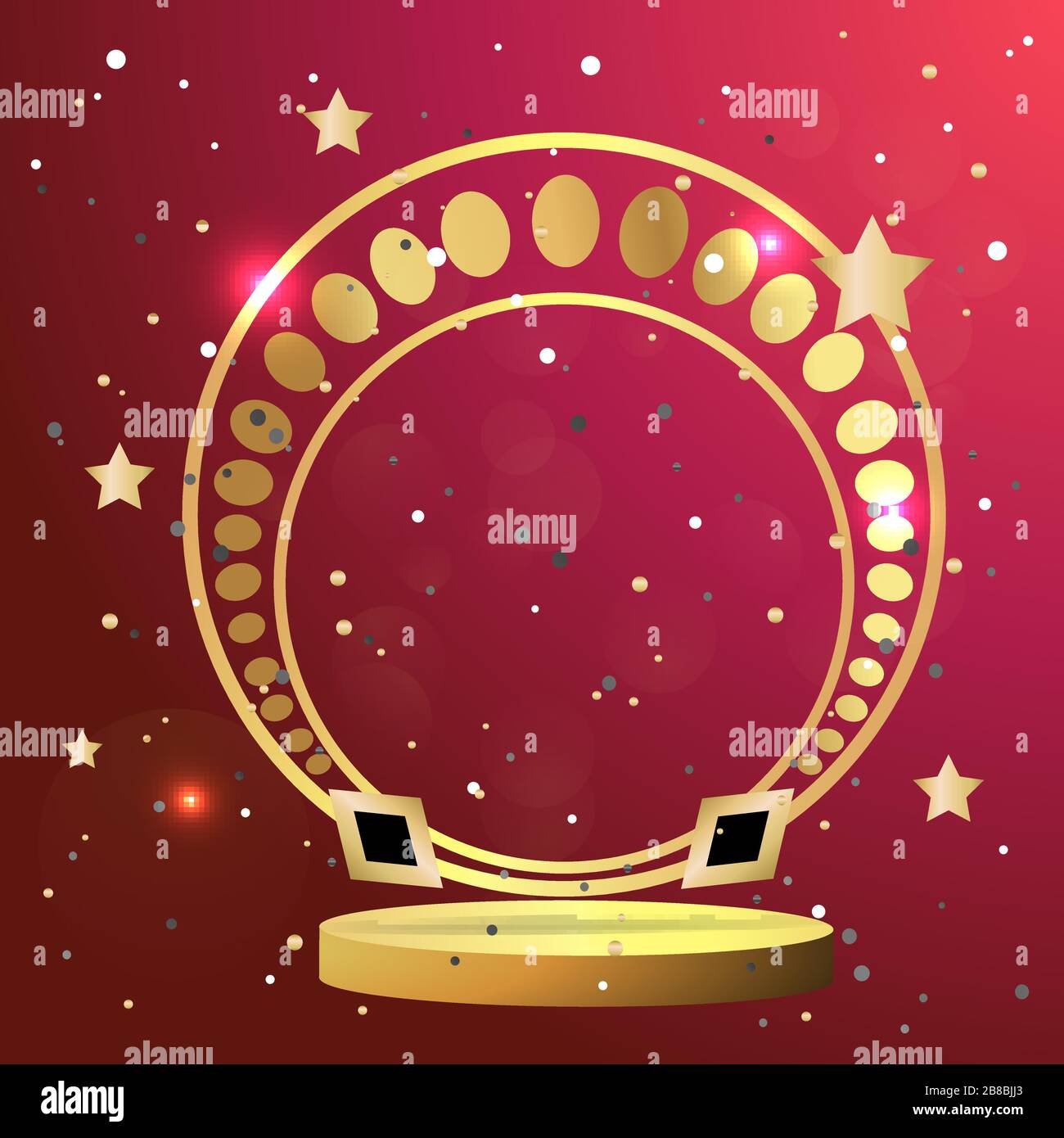 Metallic golden stage with floating geometrical forms and glow neon ...