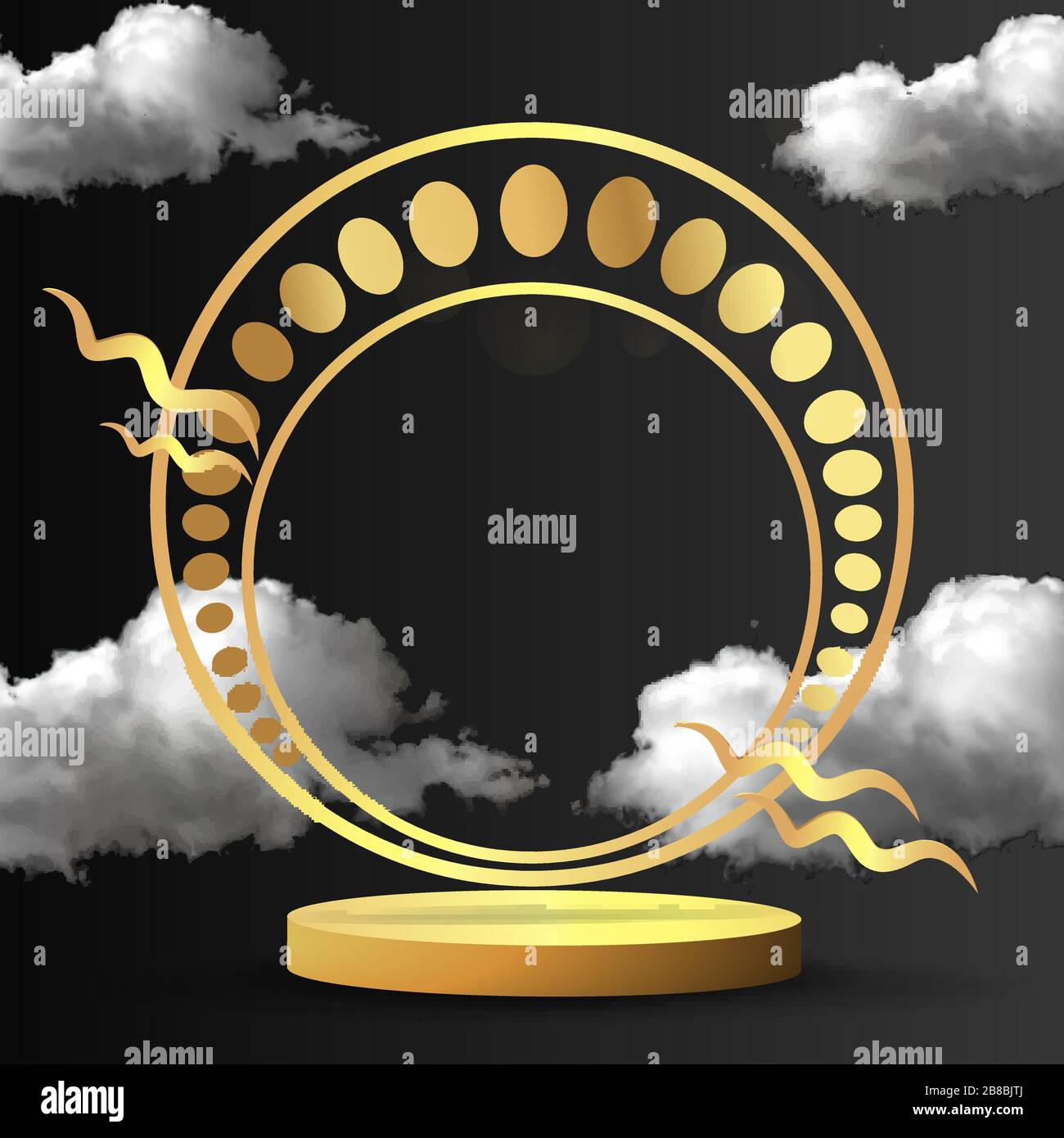 Metallic golden stage with floating geometrical forms and glow neon ...